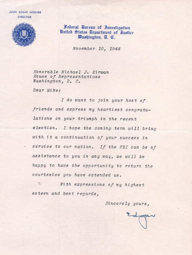 John Edgar Hoover Tls On Headed Paper Dated 10th