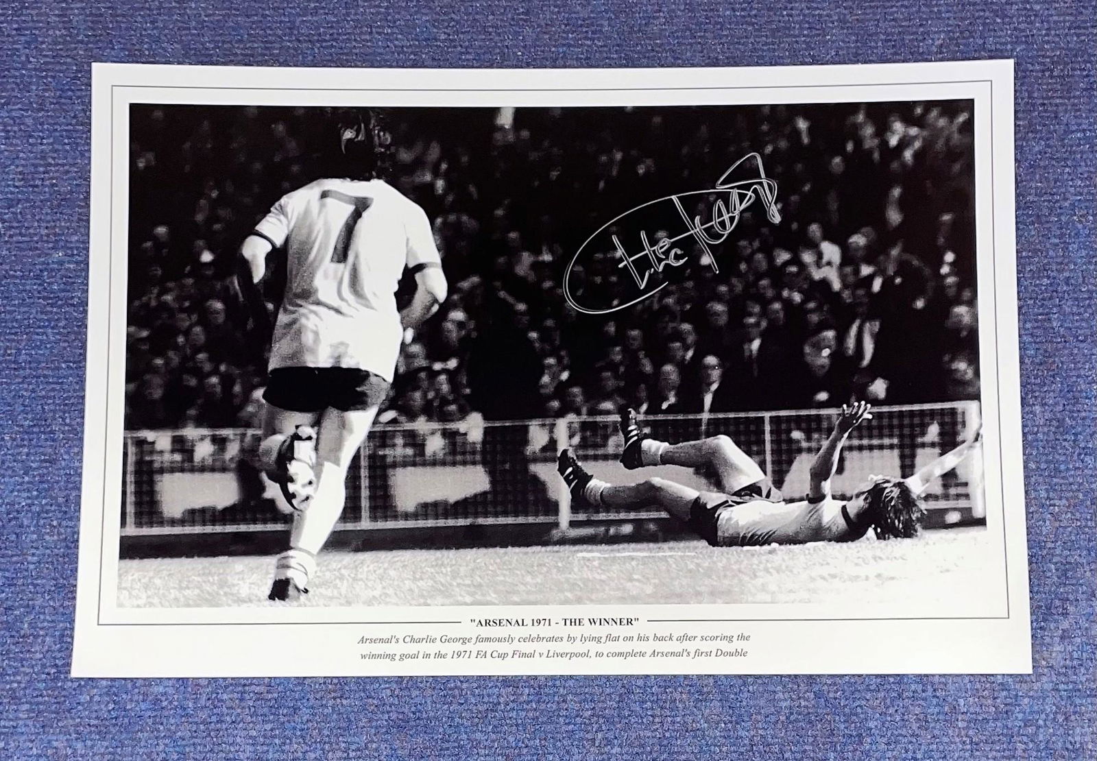 Charlie George signed 16x12 inch black and white print (#0161) on Mar ...