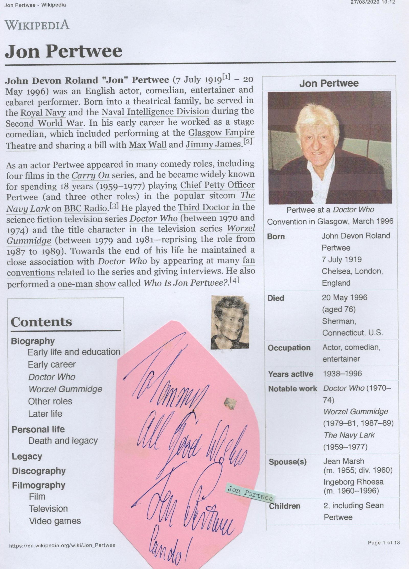Jon Pertwee signed 5x3 irregular cut album page. John Devon Roland ...