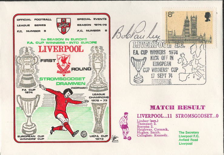 Liverpool V Stromsgodset 1974 Dawn First Day Cover Signed By Bob Paisley. Good Condition. All