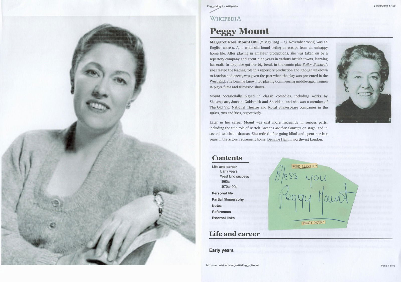 Peggy Mount signed album page cutout. Mount OBE was an English actress ...