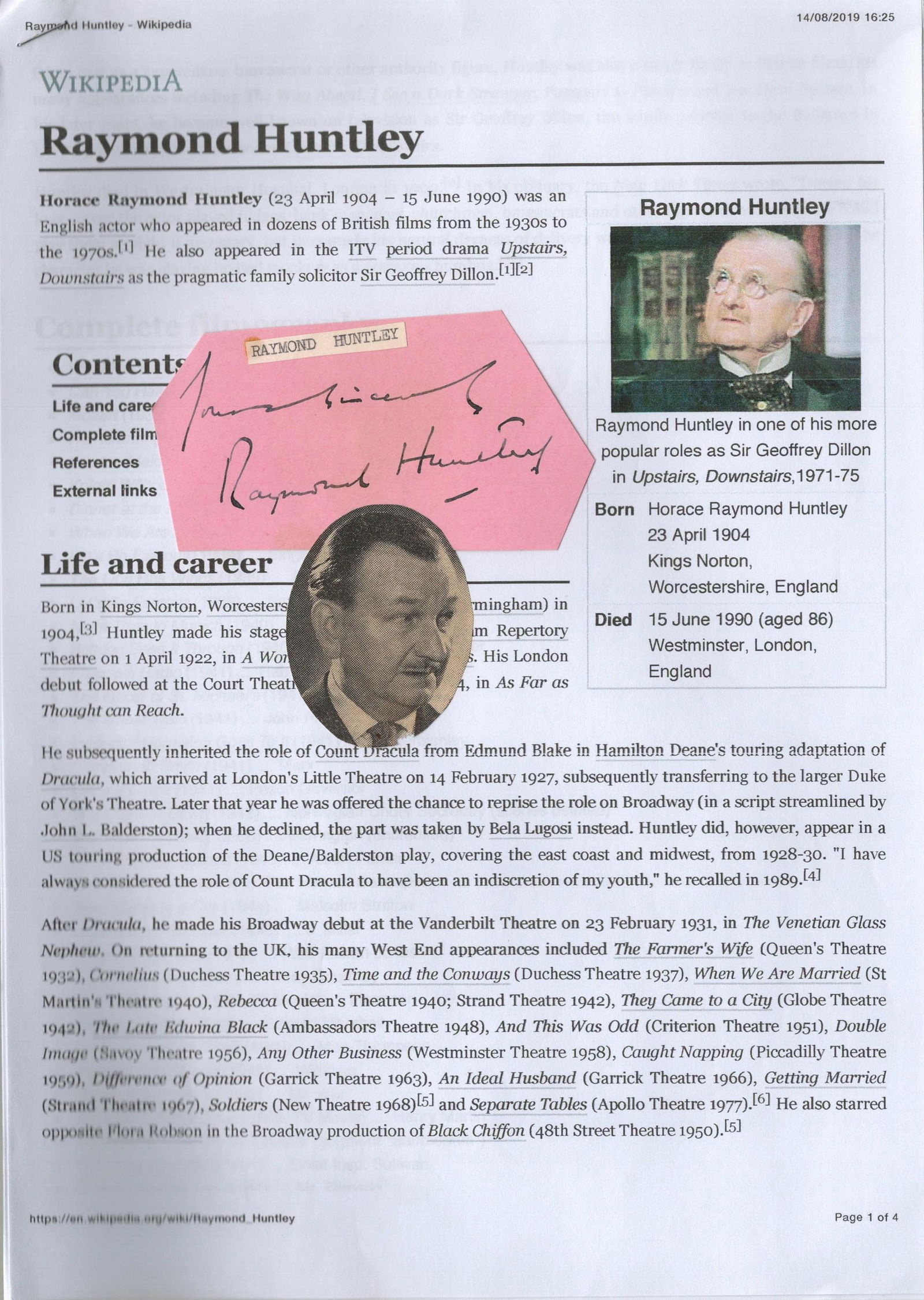 Raymond Huntley signed album page cutout. Huntley was an English actor ...