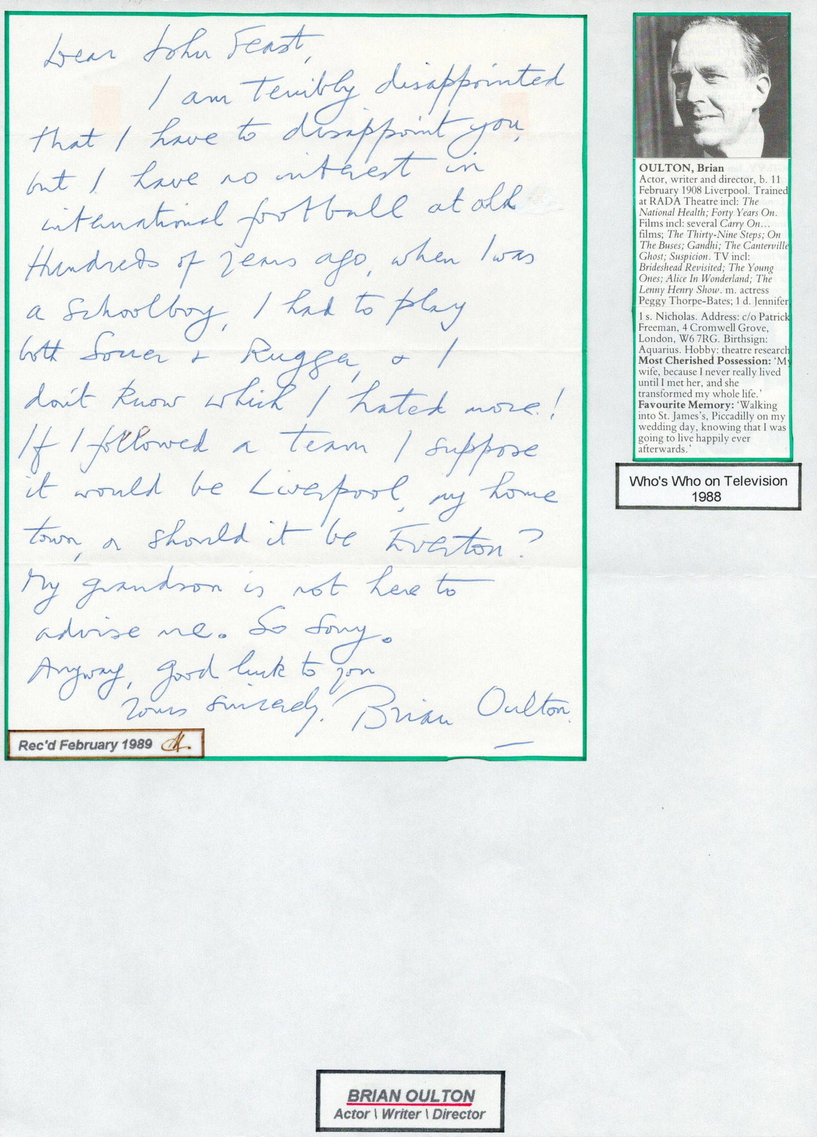 Actor Brian Oulton Handwritten, Hand Signed Letter. Good Humorous ...