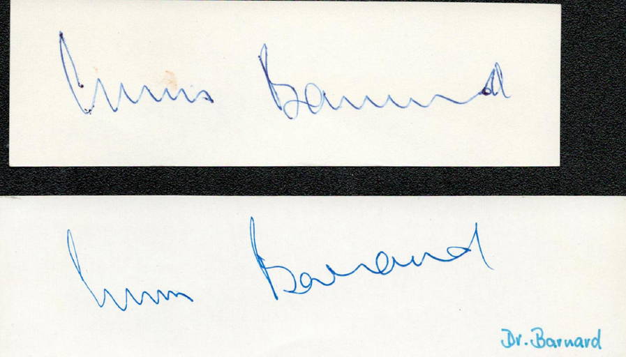 Christian Barnard two 5x2 signed white cards. Christiaan Neethling ...