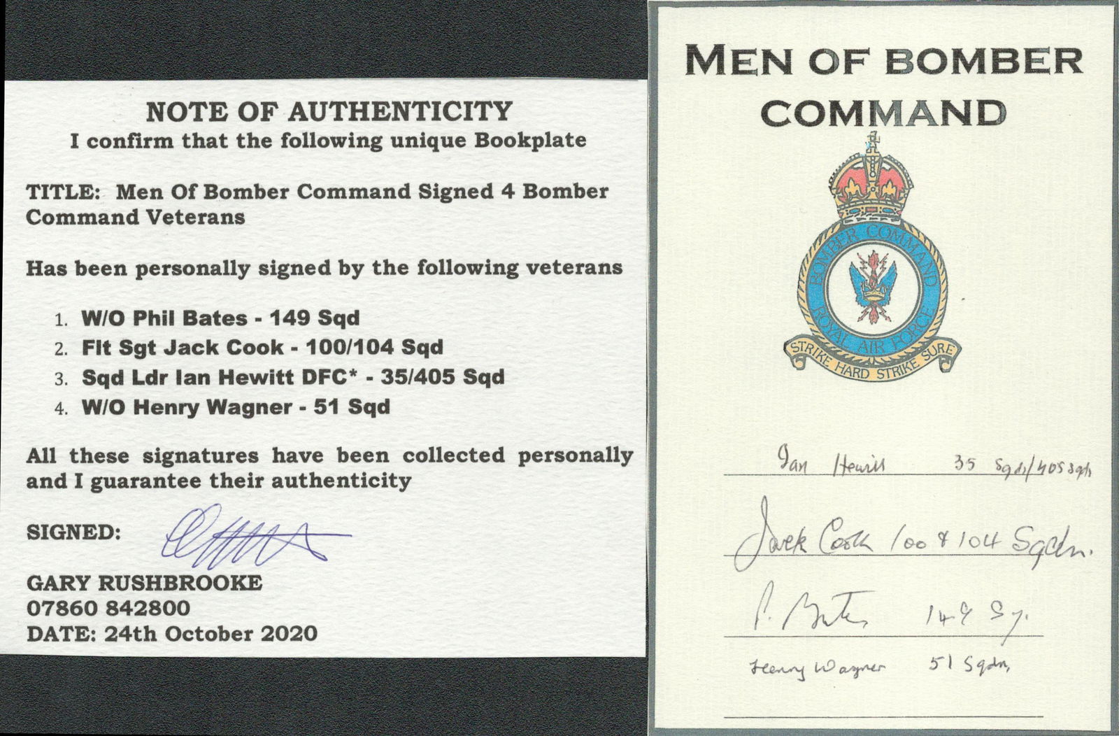 Raf Bomber Command Signed Bookplate, Signatures Include Sqn Ldr Ian ...