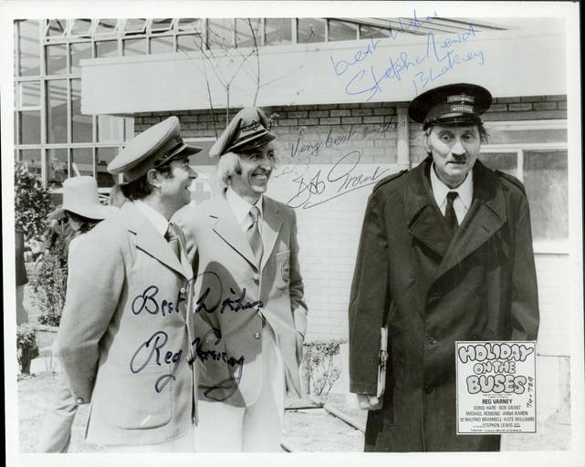Holiday on the Buses, a 10x8 bandw film photo. Signed by Reg Varney who ...