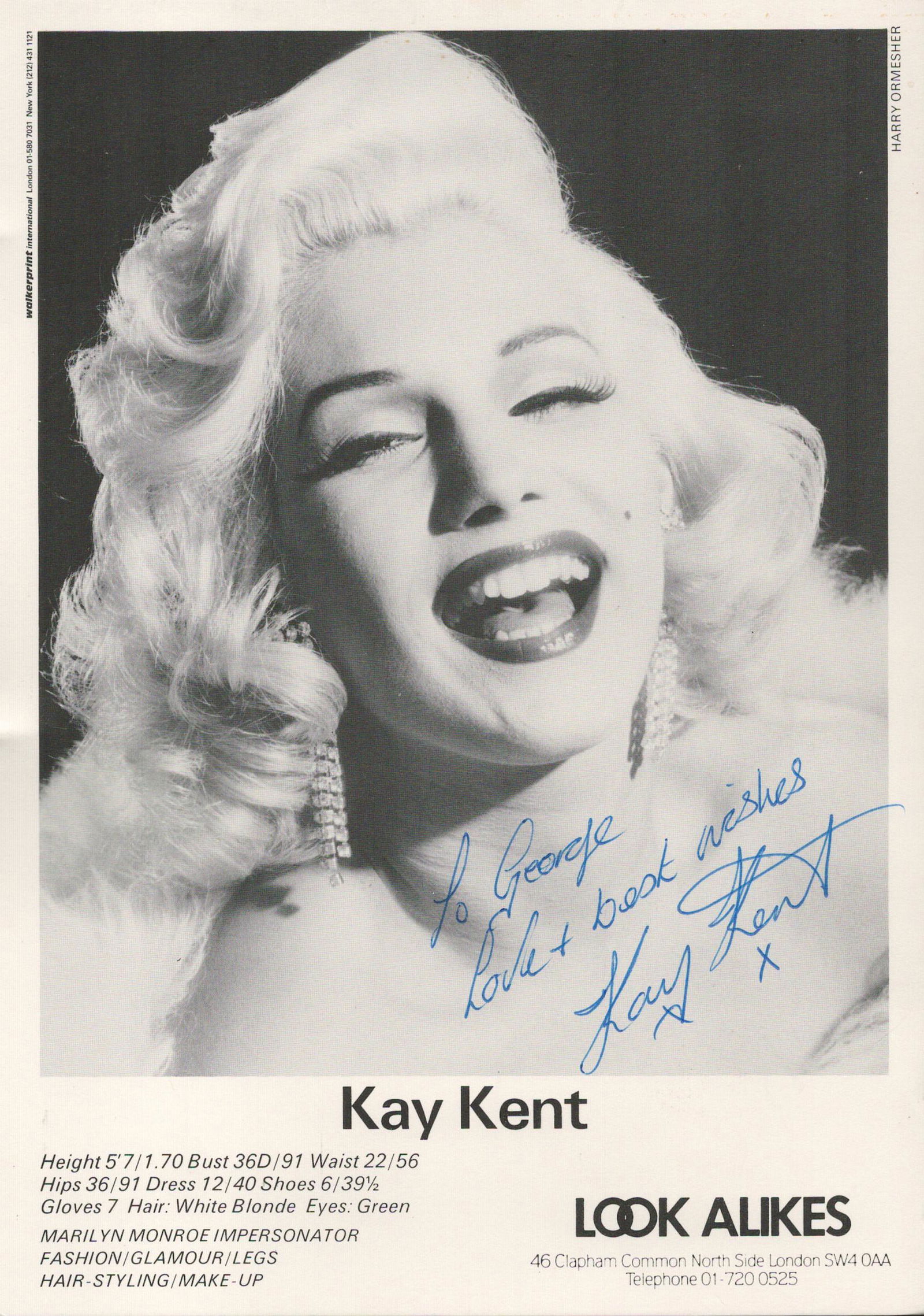 Kay Kent (marilyn Monroe Impersonator) Signed 8x6 Inch Black And White ...