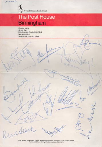 Fulham vintage multi signed sheet includes Bobby Moore, Alan Mullery ...