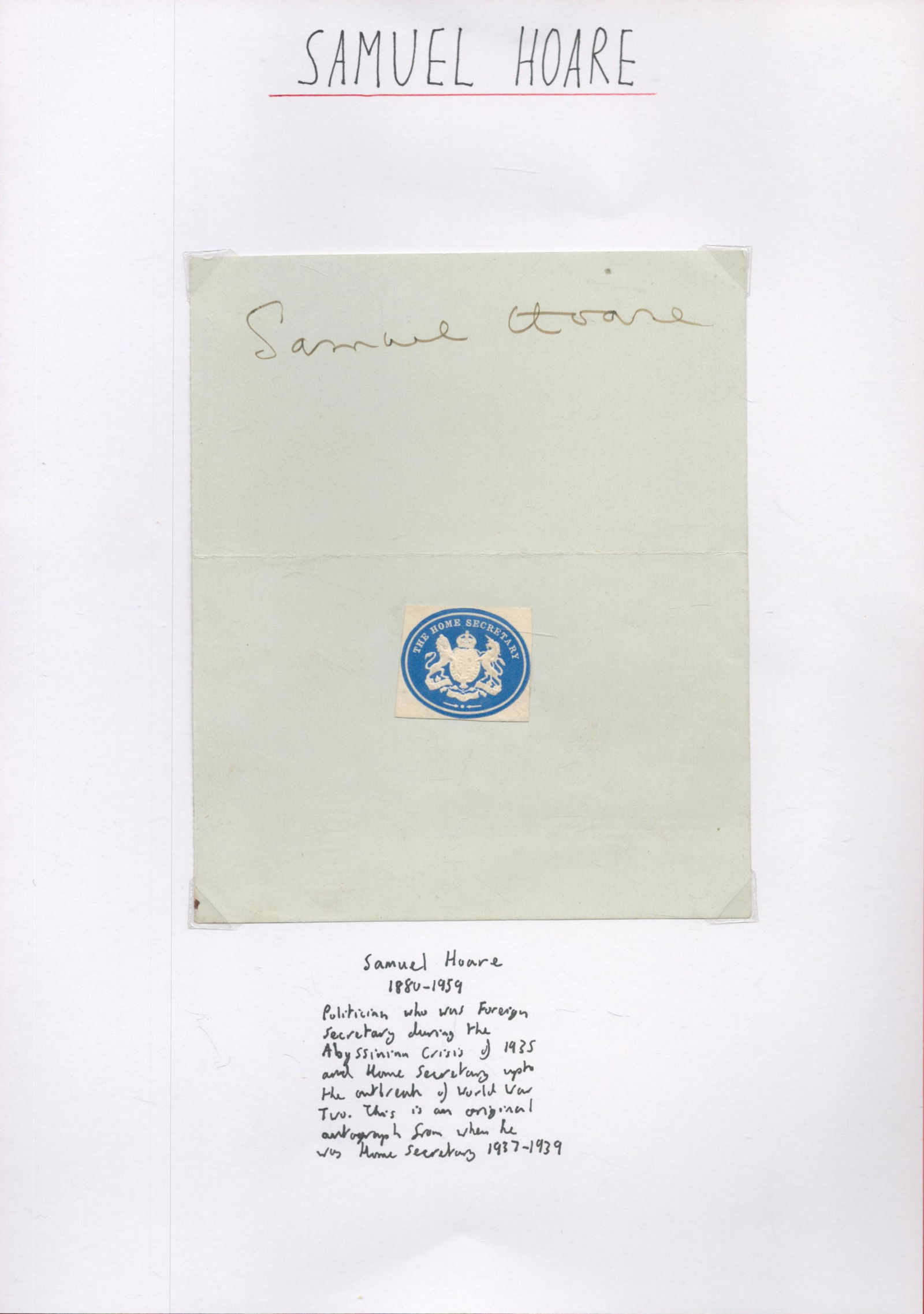 Samuel John Gurney Hoare, 1st Viscount Templewood Signed Sheet of Paper ...