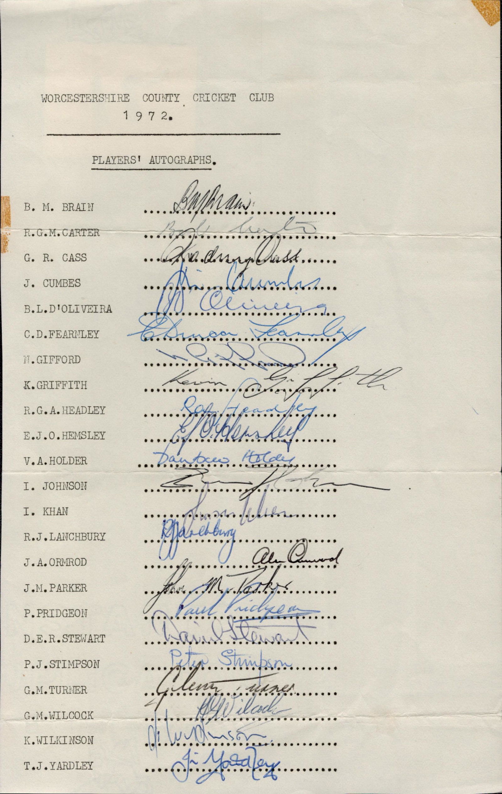 Cricket Worcestershire County Cricket Club 1972 Multi Signed Team Sheet ...