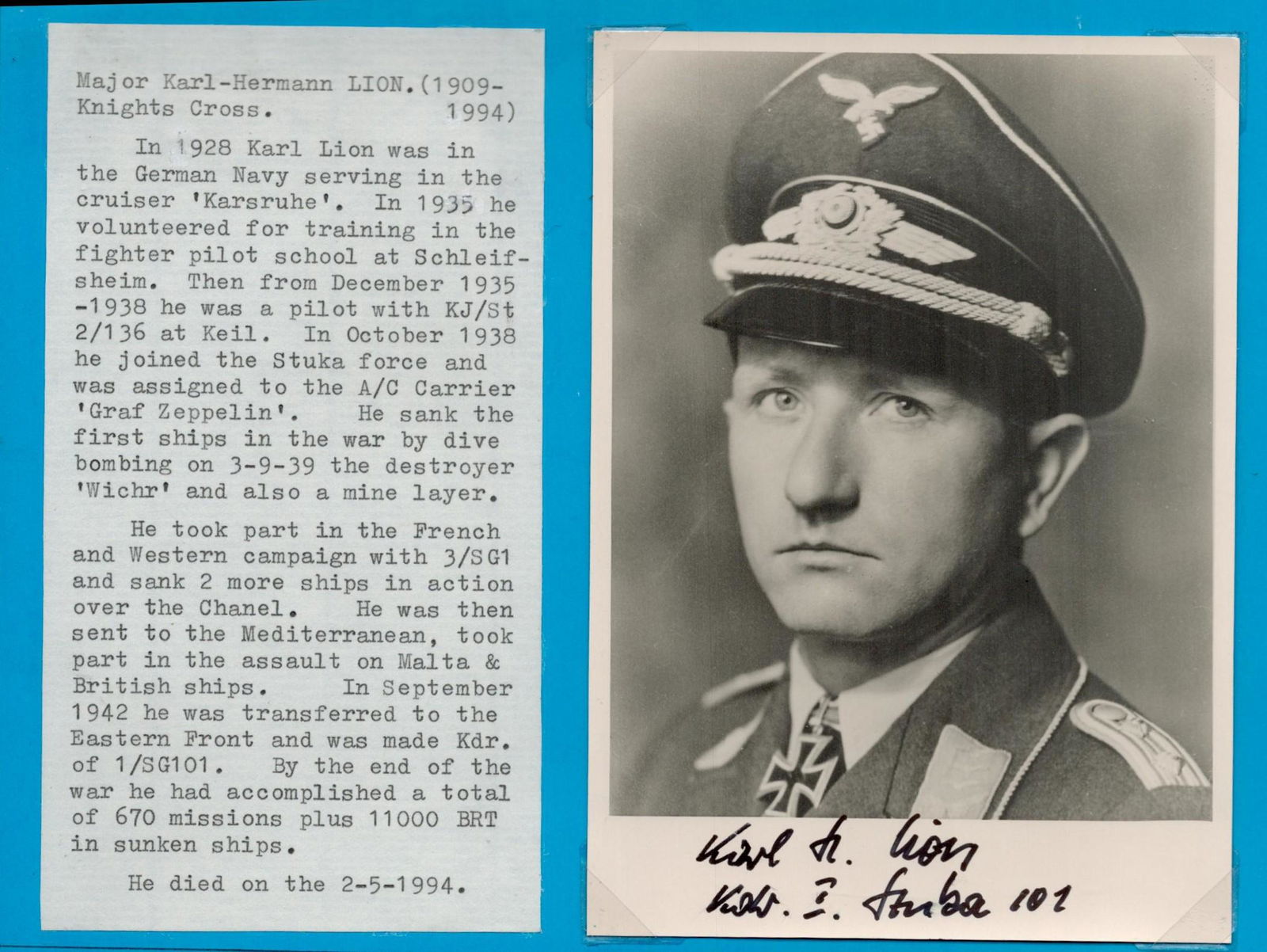 Major Karl Hermann Lion (1911 1994) Signed 6x4 Black And White Photo ...