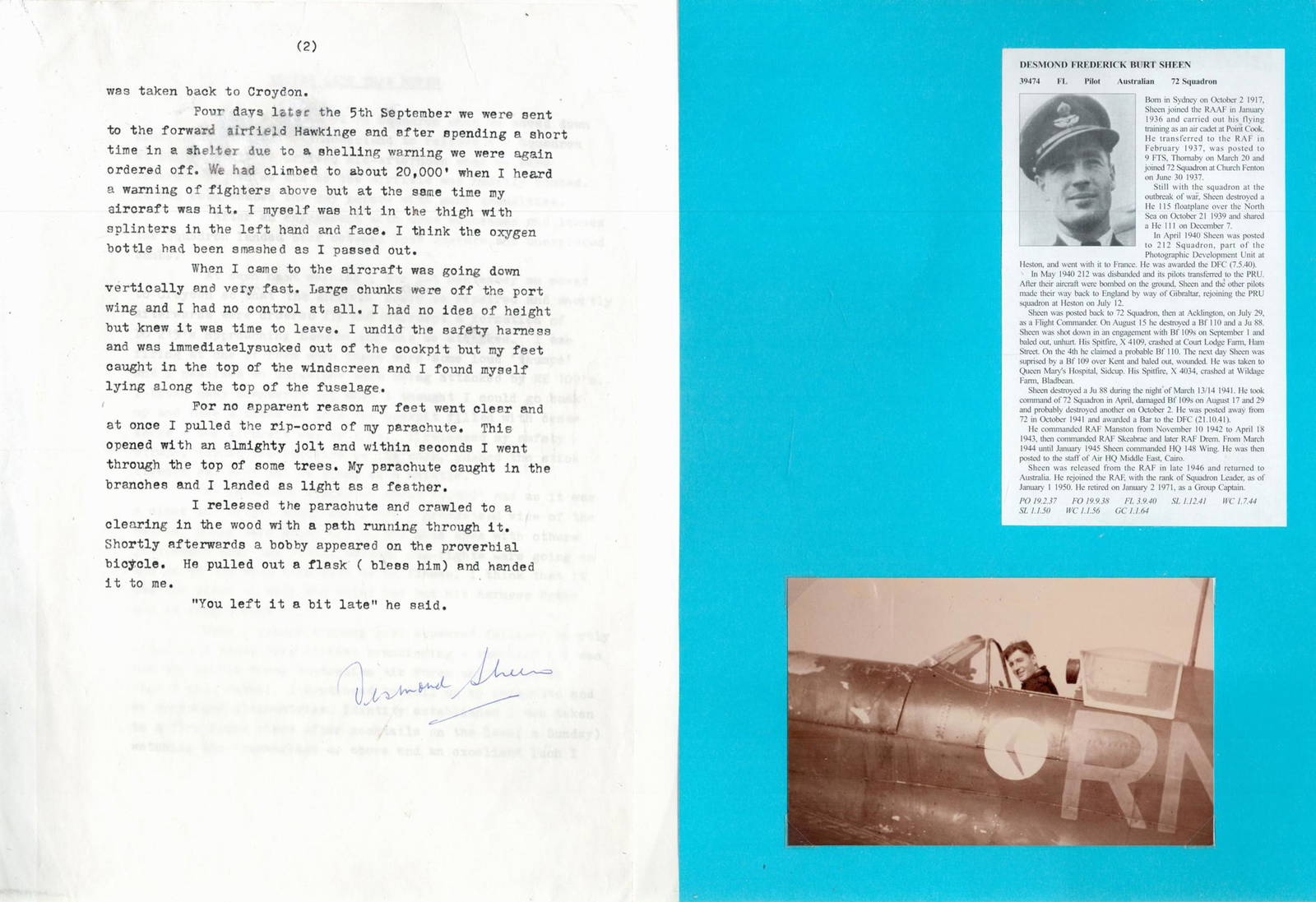 WW2. Flt Lt Desmond Sheen DFC Signed Wartime Events Typed. 2 Pages of Wartime Events Told By ...