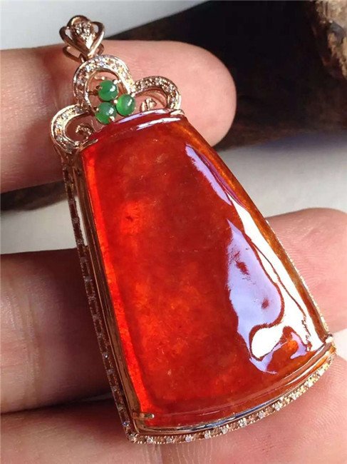 Certified Chinese 18K Diamond Icy Red Jadeite Pendant