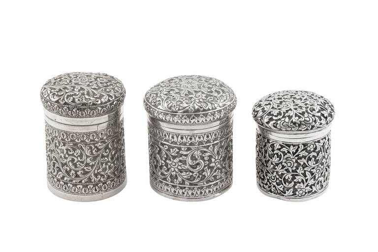 A late 19th century Anglo – Indian unmarked silver dressing table jar ...