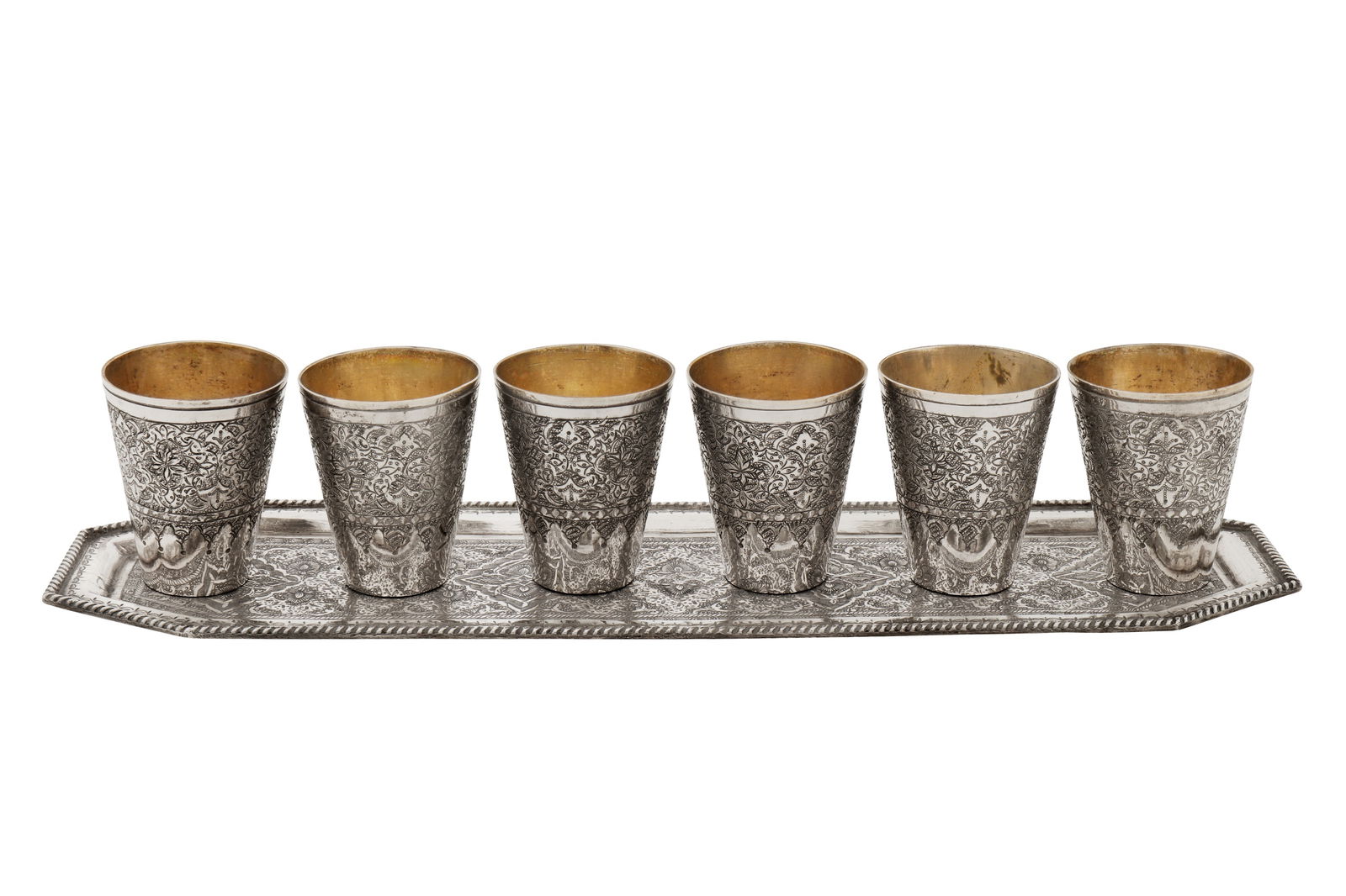 A Set Of Mid-20th Century Persian (iranian) Silver Shot Cups On Tray ...