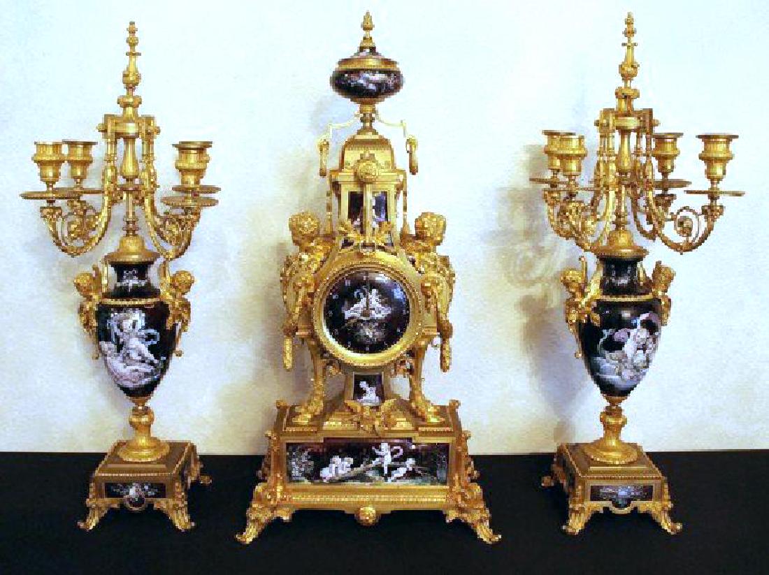 MONUMENTAL 19TH CENTURY LIMOGES ENAMEL CLOCK SET