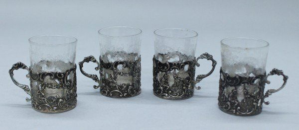 Set Of 4 Cut Glass And Sterling Silver Tea Cups