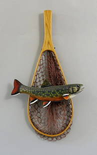 Handcarved Trout And Net By Kurt Vitch