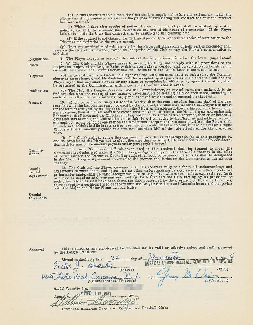 Vic Raschi 1947 New York Yankees Signed Player Contract