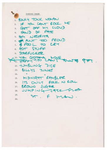 Mick Jagger Handwritten Set List