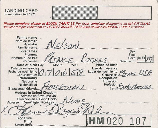 Prince Signed Uk Customs Card