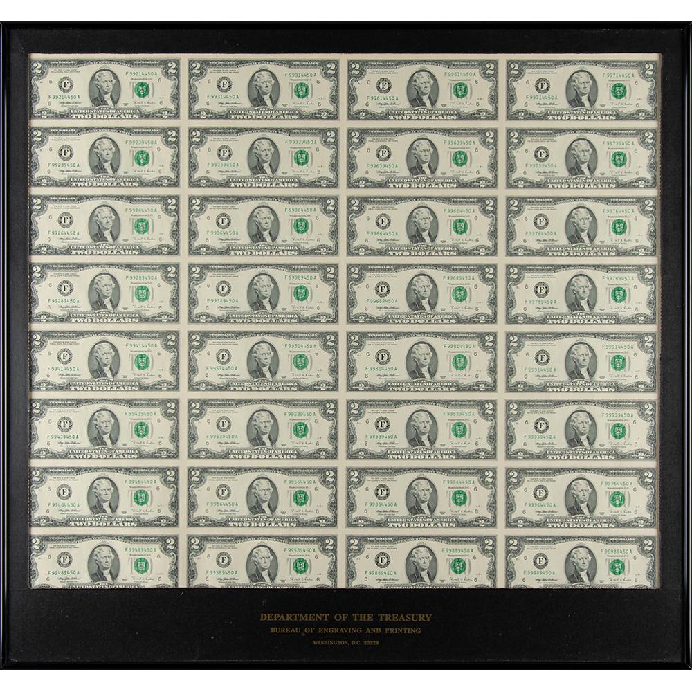 Treasury Department: Sheet Of 32 Uncut Two Dollar Bills