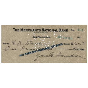 1907 Jack London Autograph Document, Signed Check