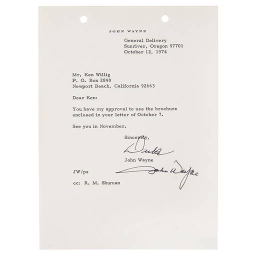 John Wayne Typed Letter Signed Twice
