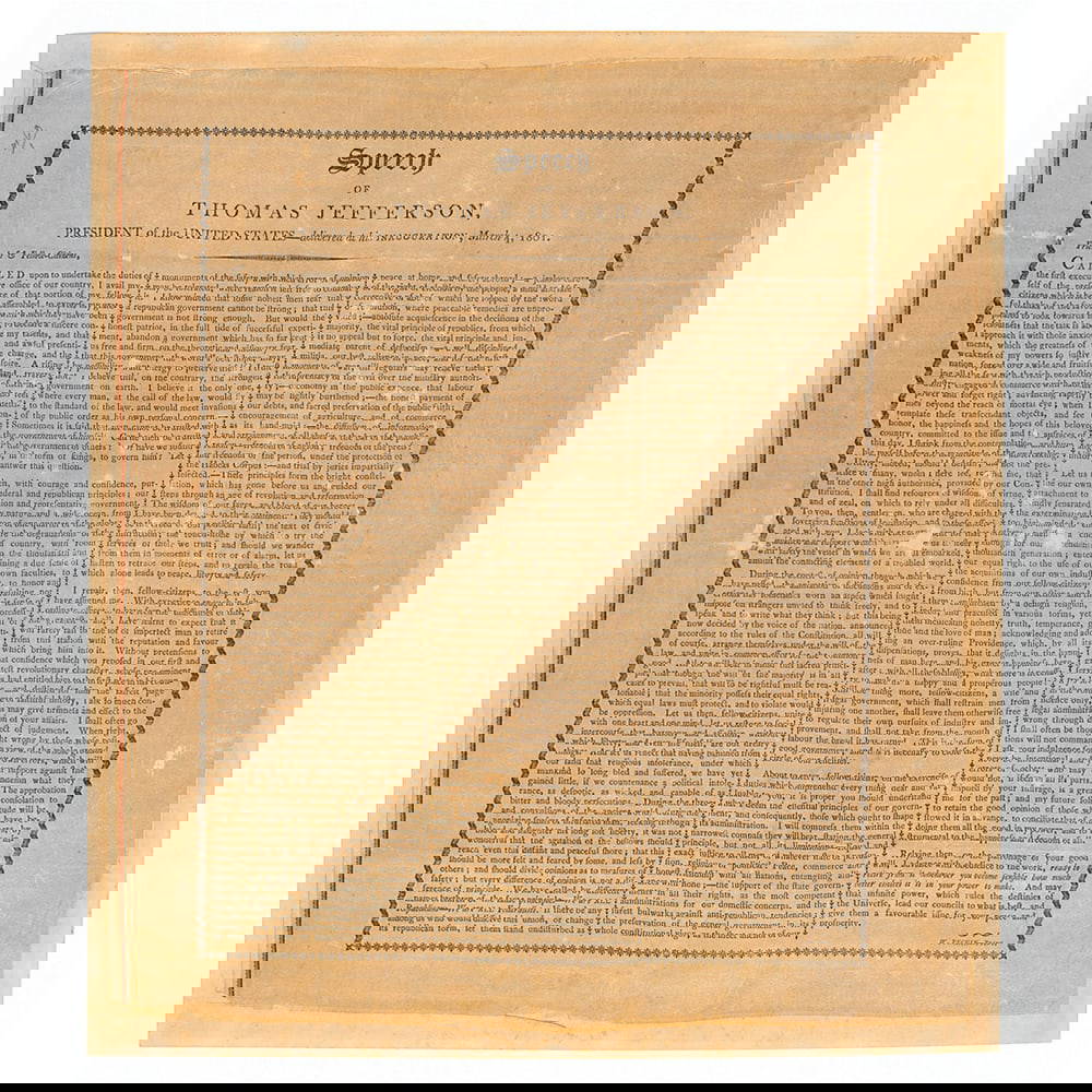 Thomas Jefferson: Rare Silk Broadside Of First Inaugural Address (1801 ...