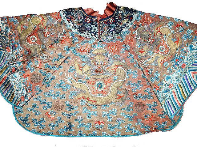 Four Chinese Dragon Silk Robe Fragments, Qing Dynasty