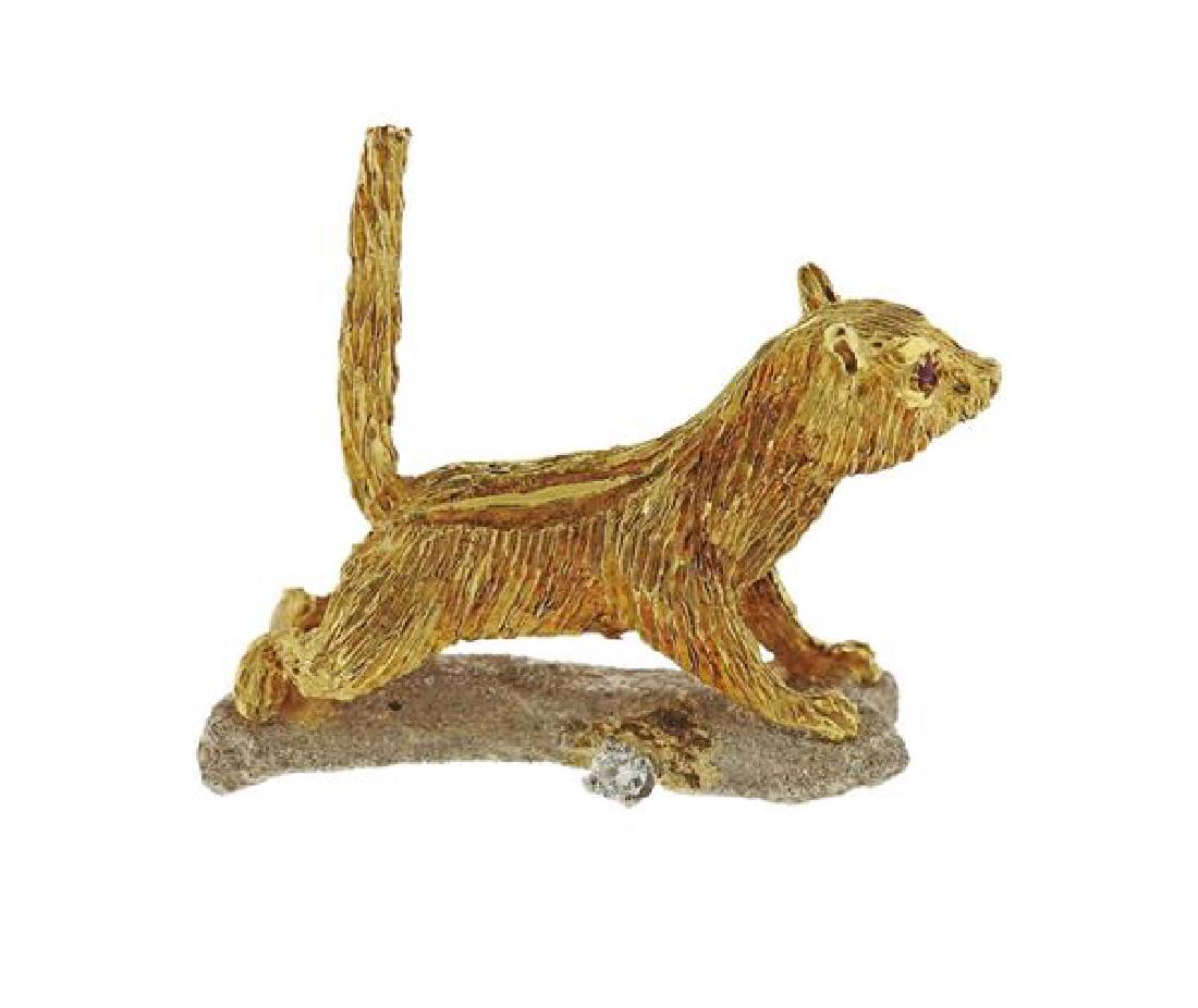 18K Gold Diamond Pink Stone Chipmunk Brooch