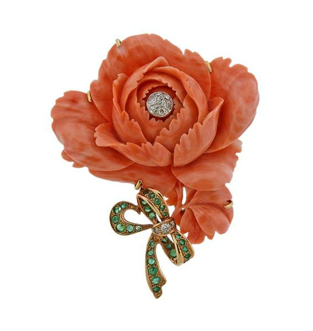 14k Gold Diamond Green Stone Carved Coral Flower Brooch