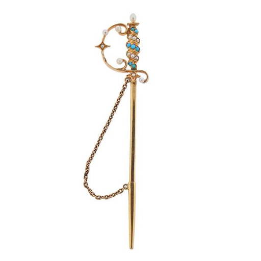 Antique 14k Gold Turquoise Pearl Sword Stick Pin