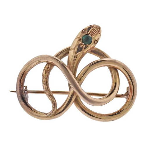 Antique 18k Gold Emerald Snake Brooch Pin