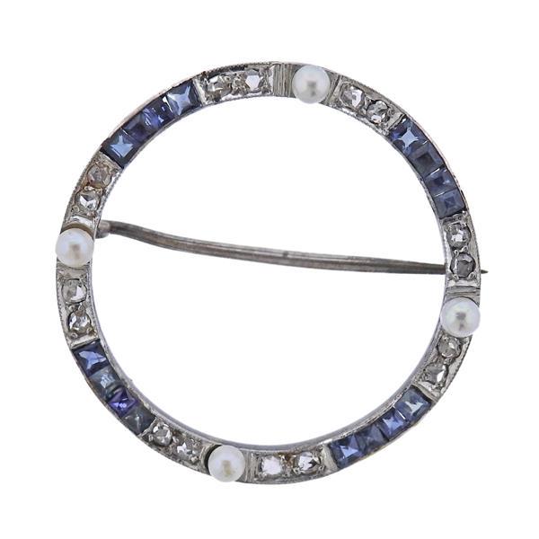 Antique Gold Pearl Diamond Sapphire Circle Brooch Pin