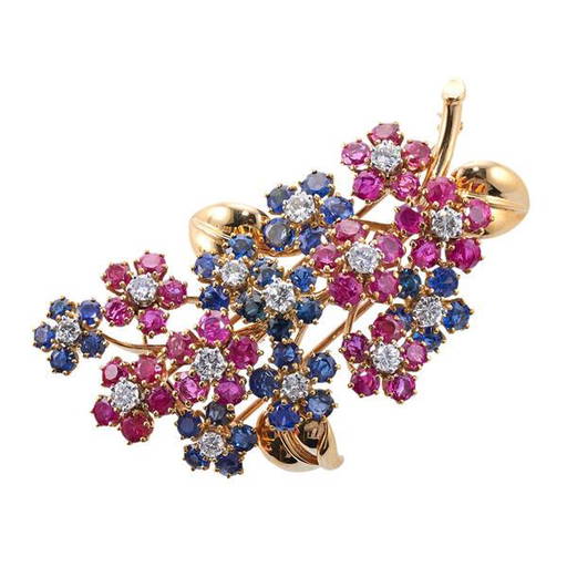 Ernst Paltscho 18k Gold Diamond Ruby Sapphire Flower Brooch