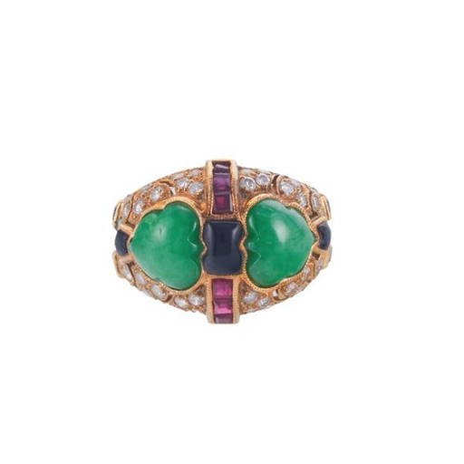 18k Gold Diamond Jade Ruby Ring