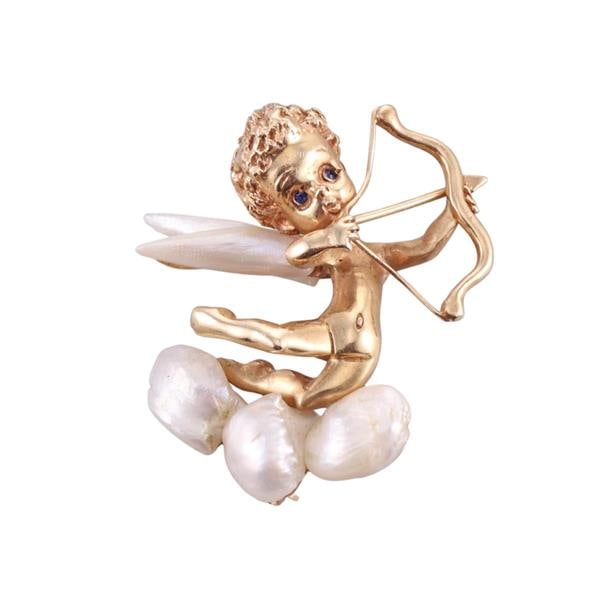 Ruser 14k Gold Pearl Cherub Brooch Pin Auction