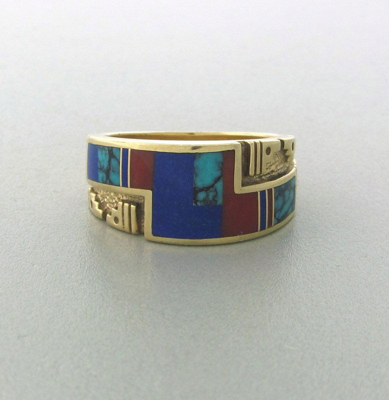 14k Gold Ray Tracey Navajo Ring Inlaid Gemstones
