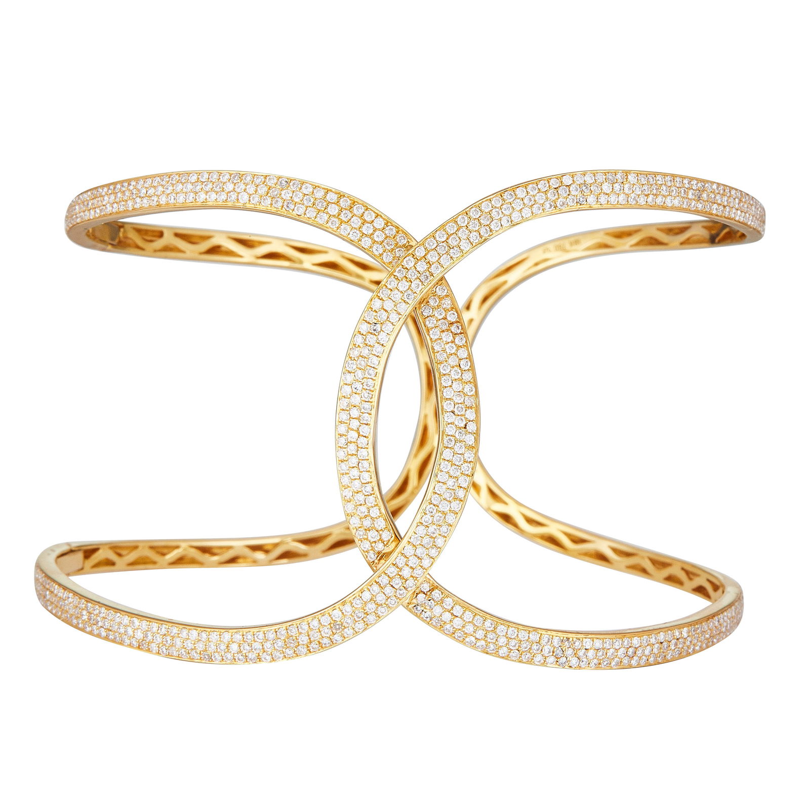 18k Yellow Gold Diamond Crossover Cuff Hinged Bangle Bracelet