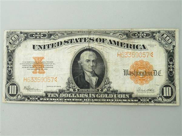 Us 1922 Ten Dollar Gold Coin Certificate