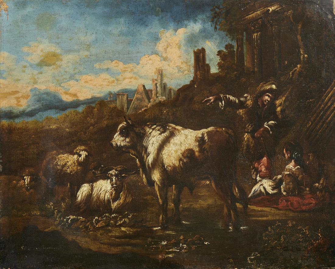 PHILIPP PETER ROOS DETTO ROSA DA TIVOLI Landscape with ruins, herds and ...