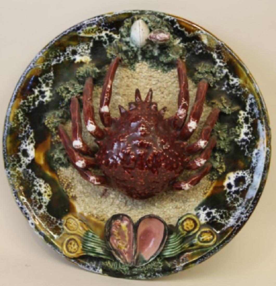 ENGLISH ANTIQUE PALISSY WARE CRAB CERAMIC PLATE