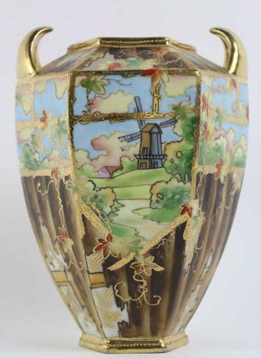 Japanese Nippon Windmill Vase With Gold Trim