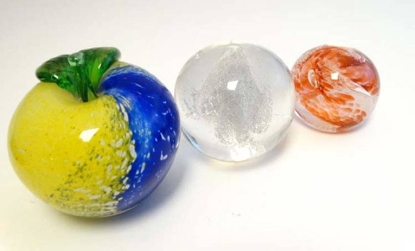 3 Various Art Glass Paperweights, One Marked Hadleigh