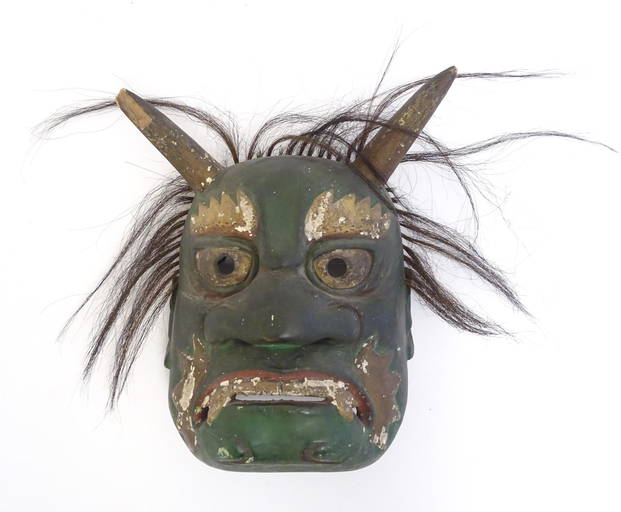 A Japanese carved Midori Oni mask with hair and traces - Oct 07, 2021 ...