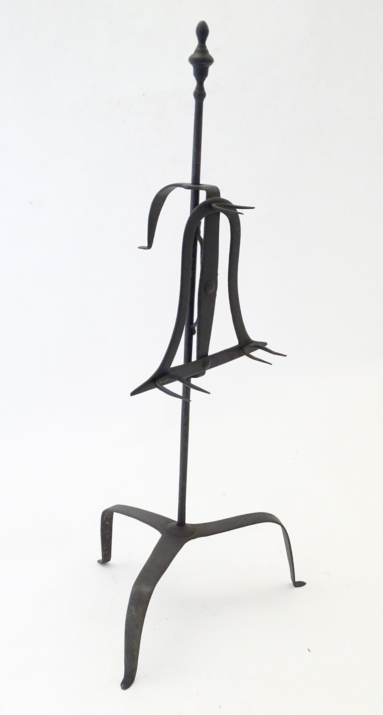 A 19thC fireside lark spit meat roasting stand, of hand forged wrought ...