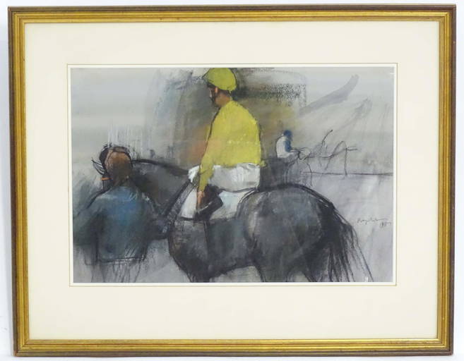 20th century, Pastel on paper, Jockey in Yellow, A jockey on a black ...