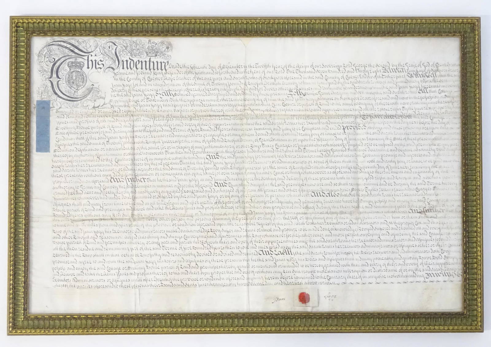 A Framed Indenture, Dated 1738 And Relating To The Ropemaker Issac Fogg ...