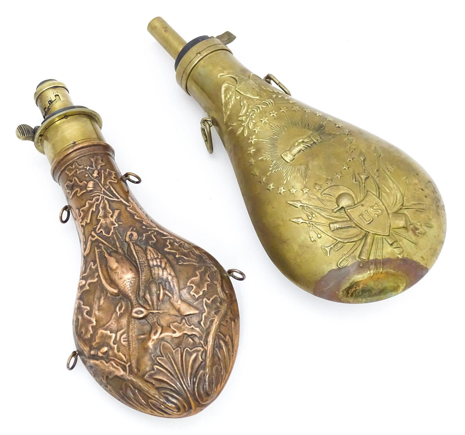 A Victorian Copper And Brass Powder Flask By Handsome & Co, The Spout ...